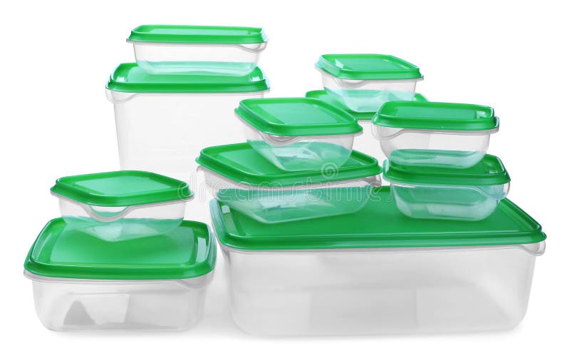 Set of Empty Plastic Containers for Food on White Background Stock ...