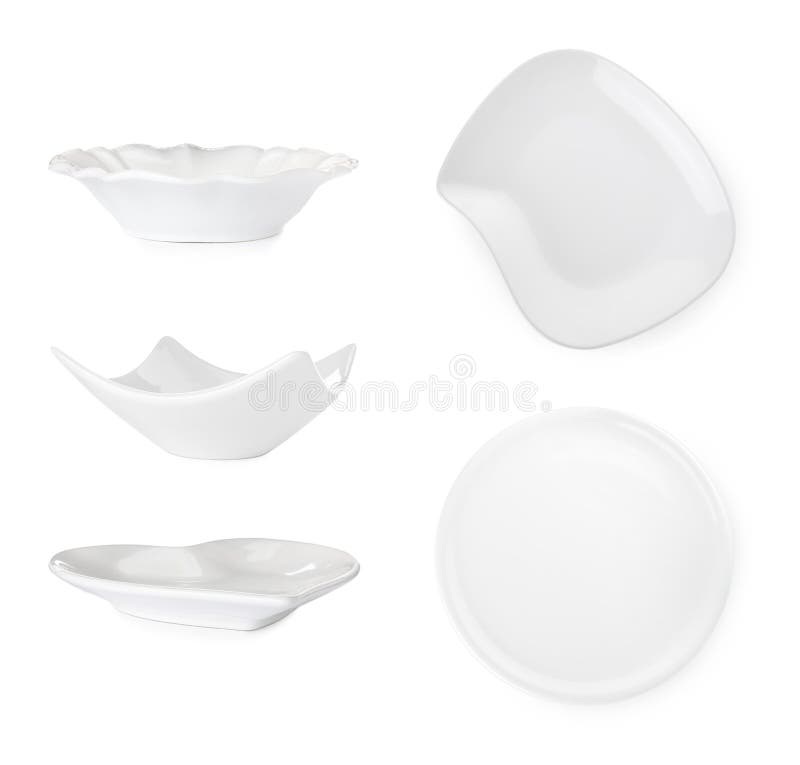 Set with Empty Plates and Bowls on White Background Stock Photo - Image ...