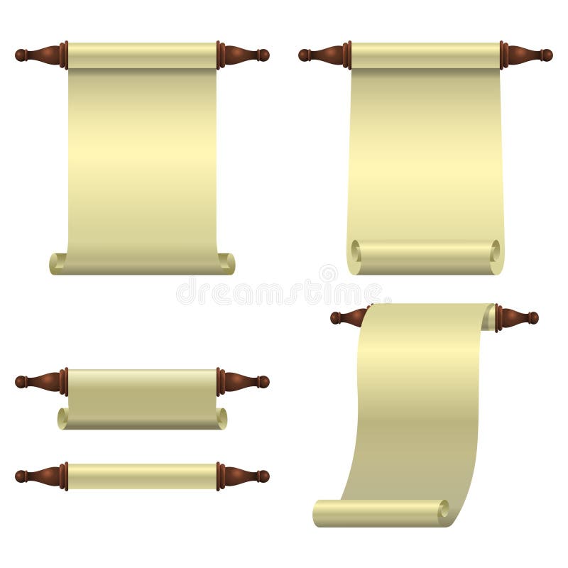 A Set of 3 Empty Scrolls Unfolded Vertically, One Rolled Up Scroll and One Half Open Scroll ...