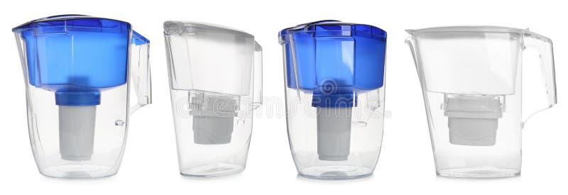 Set with Water Filter Jugs and Glasses on White Background. Banner ...