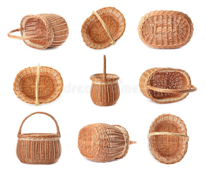 Set with Empty Wicker Baskets on White Background Stock Image - Image ...