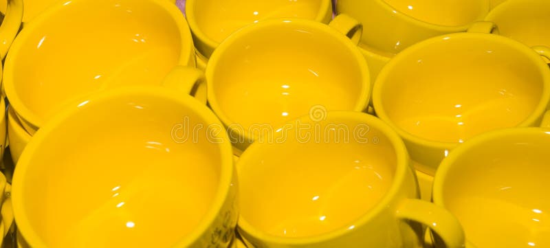 Set of Empty Yellow Coffee Cups on the Bar Stock Photo - Image of copy ...