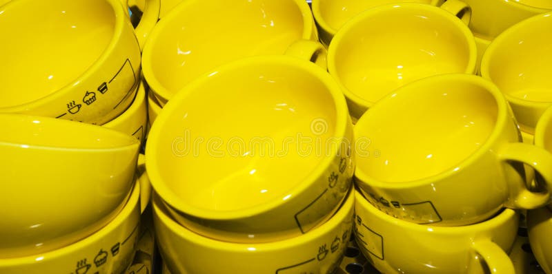 Set of Empty Yellow Coffee Cups on the Bar Stock Photo - Image of latte ...