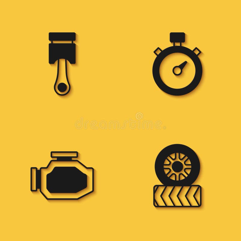 Set Engine Piston, Car Tire Wheel, Check Engine and Stopwatch Icon with ... Set Engine Piston, Car Tire Wheel, Check Engine and Stopwatch Icon with ...
