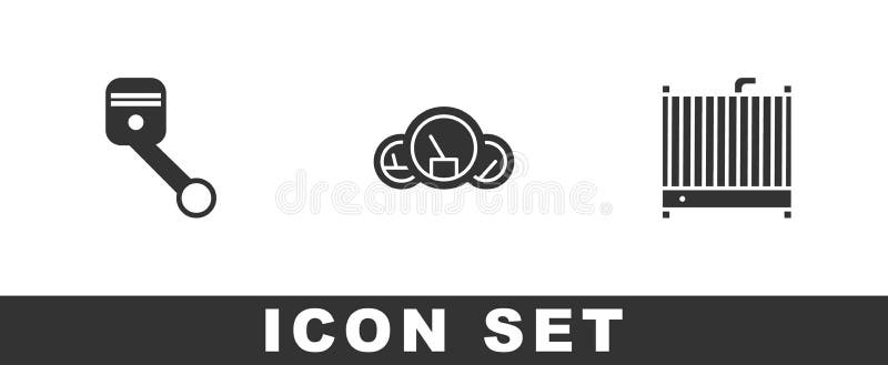 Set Engine Piston, Speedometer and Car Radiator Cooling System Icon ...
