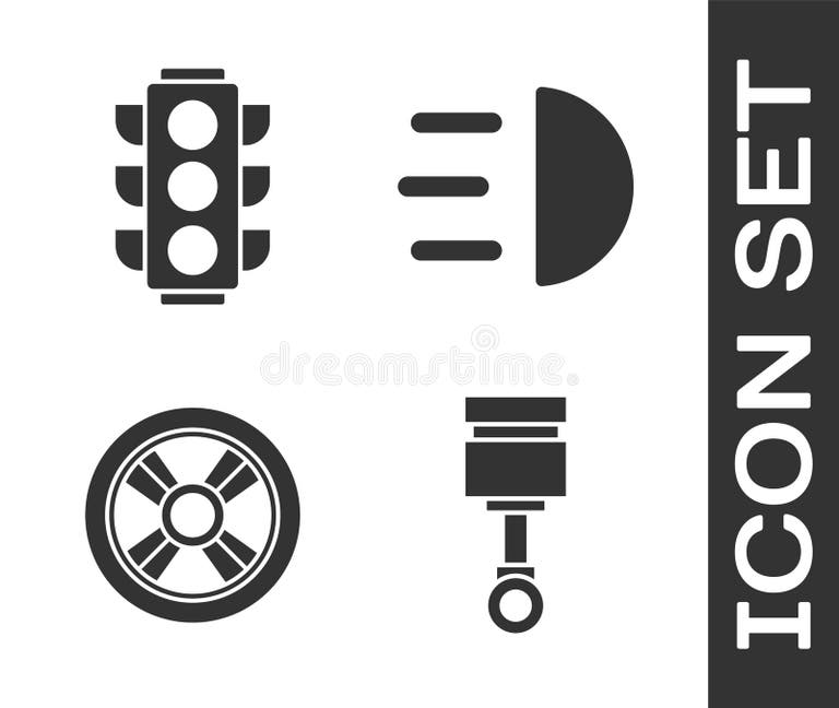 Set Engine Piston, Traffic Light, Car Wheel and High Beam Icon. Vector ...