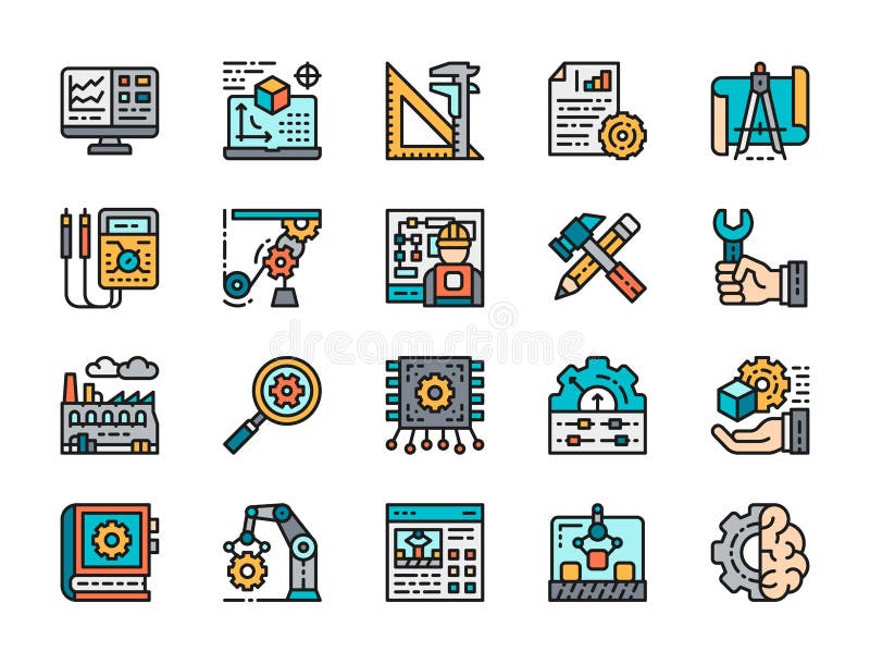 Set of Engineering Flat Color Icons. Workplace, Tools, Engineer, Chip ...