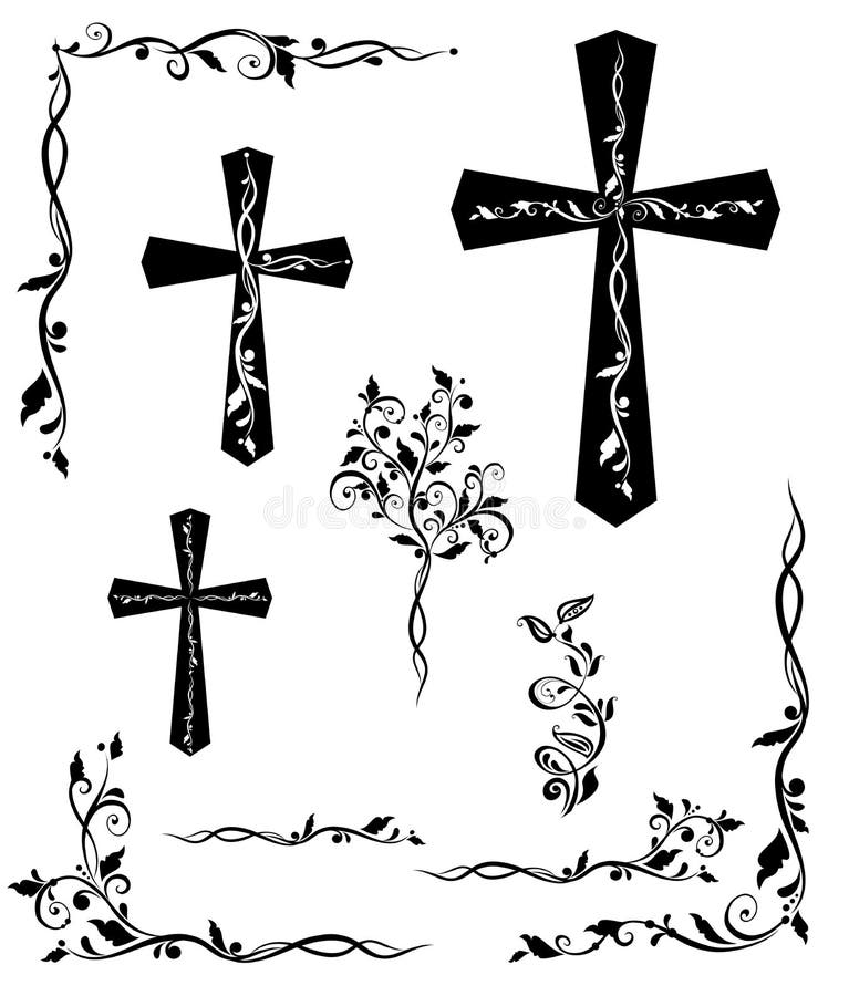 Set of Engraving Cross with Floral Pattern Stock Vector - Illustration ...