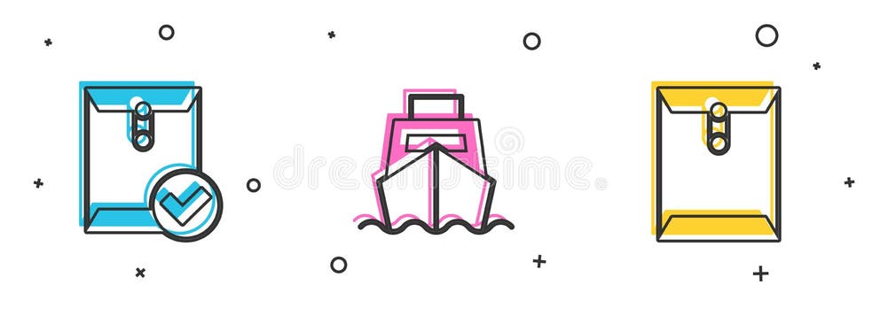 Set Envelope and Check Mark, Cargo Ship with Boxes Delivery and Icon ...