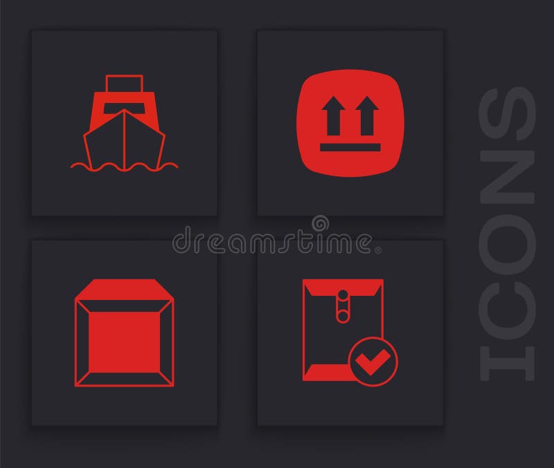 Set Envelope and Check Mark, Cargo Ship with Boxes Delivery, this Side ...