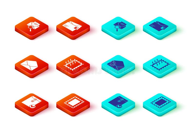 Set Envelope and Check Mark, Postal Stamp, and with Magnifying Glass ...