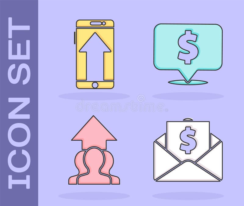 Set Envelope with Coin Dollar, Smartphone, Mobile Phone, Growth Chart ...