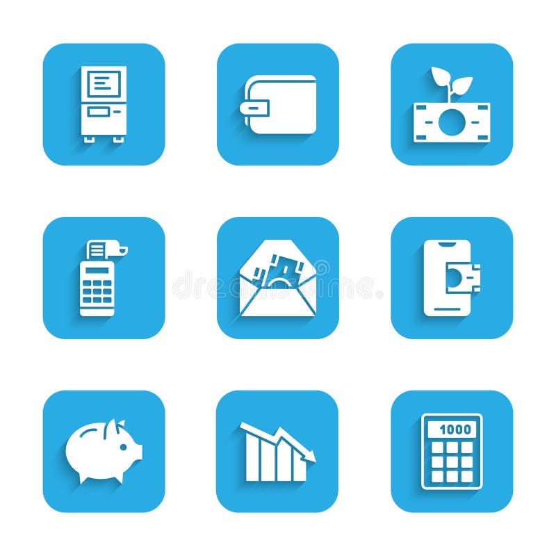 Set Envelope with Dollar Symbol, Financial Growth Decrease, Calculator, Mobile Banking, Piggy ...