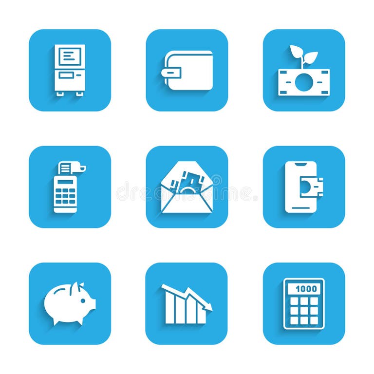 Set Envelope with Dollar Symbol, Financial Growth Decrease, Calculator ...
