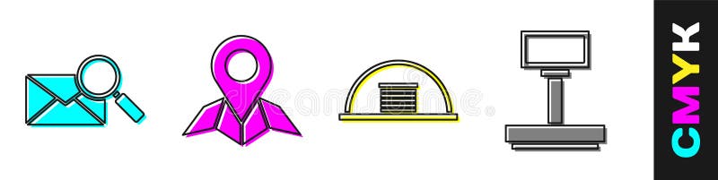 Set Envelope with Magnifying Glass, Placeholder on Map Paper, Hangar ...