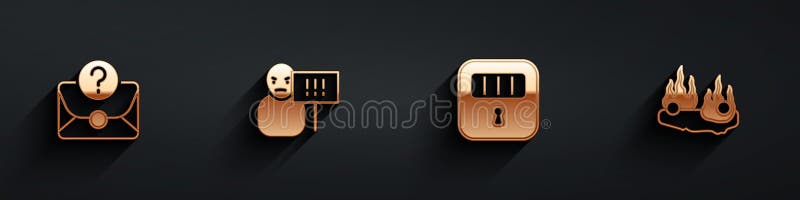 Set Envelope with Question Mark, Protest, Prison Cell Door and Burning ...