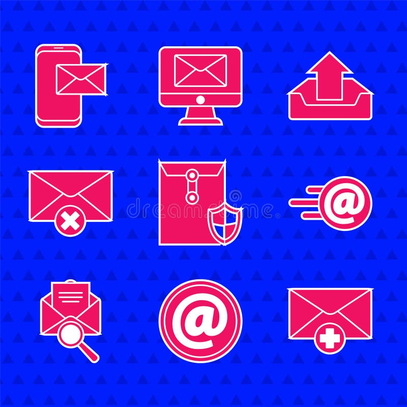 Set Envelope with Shield, Mail and E-mail, Received Message Concept, Magnifying Glass, Delete ...