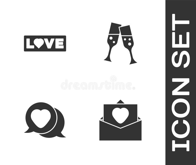 Set Envelope with Valentine Heart, Love Text, Heart Speech Bubble and Glass of Champagne Icon ...