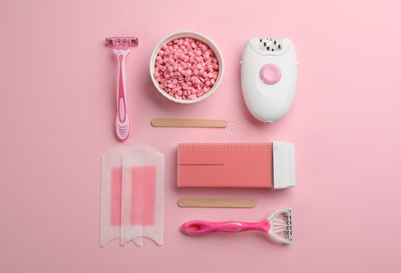 Set of Epilation Tools and Products on Pink Background, Flat Lay Stock ...