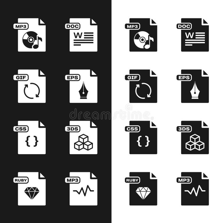 Set EPS File Document, GIF, MP3, DOC, CSS, 3DS, and RUBY Icon. Vector Stock Illustration ...