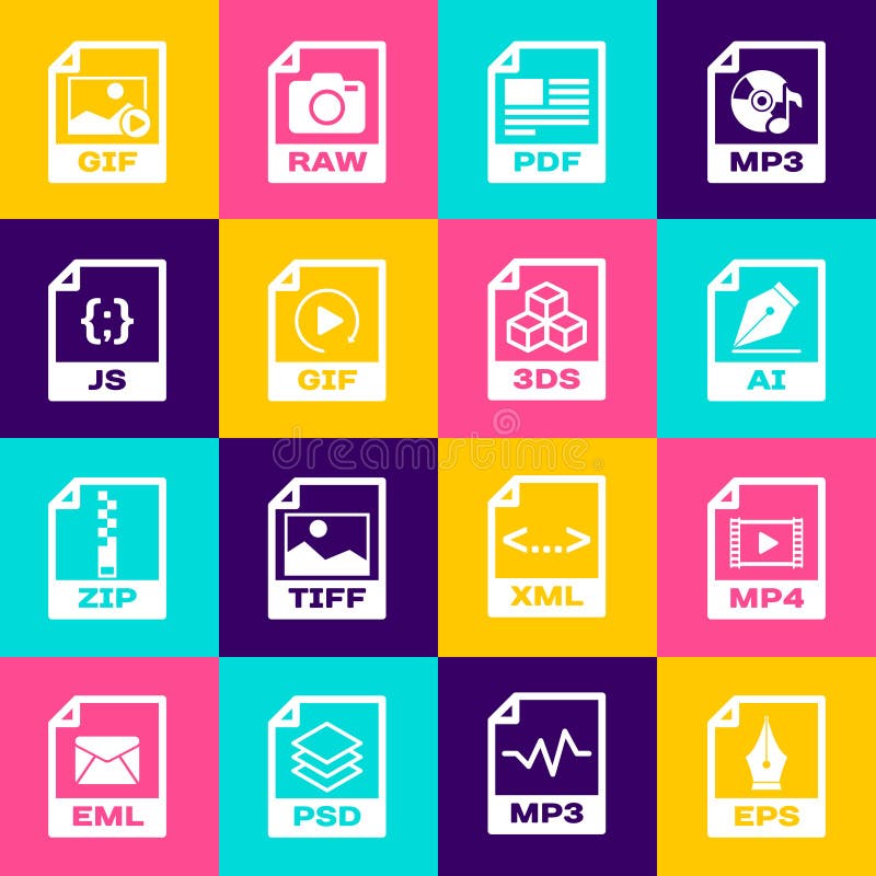 Set EPS File Document, MP4, AI, PDF, GIF and JS Icon. Vector Stock ... Set EPS File Document, MP4, AI, PDF, GIF and JS Icon. Vector Stock ...