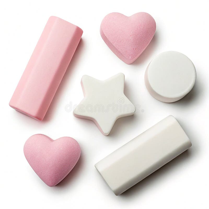 Set of Erasers in Different Shapes and Sizes on White Background Stock ...