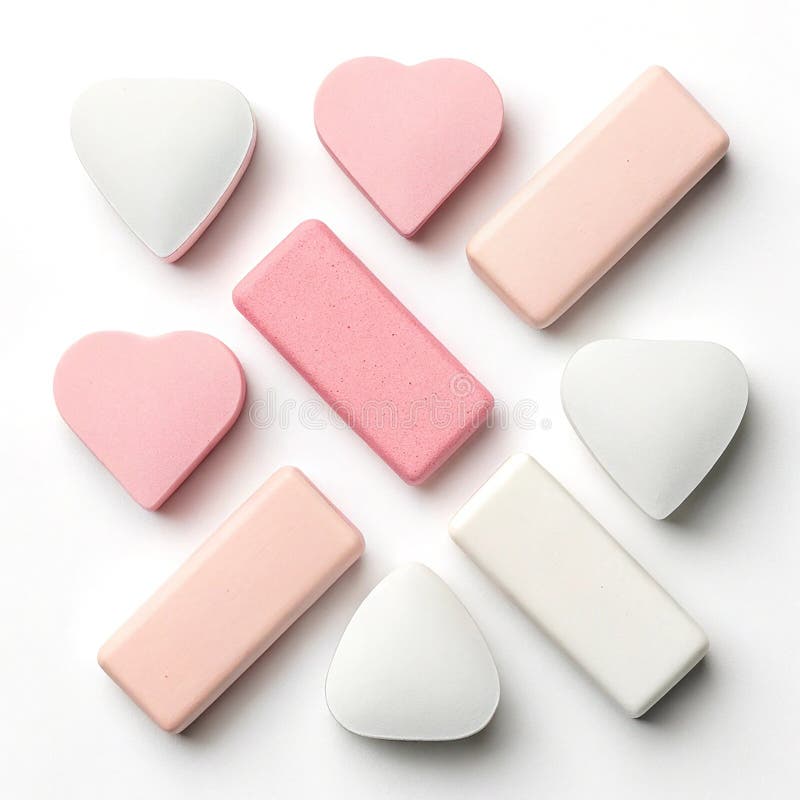 Set of Erasers in Different Shapes and Sizes on White Background Stock ...