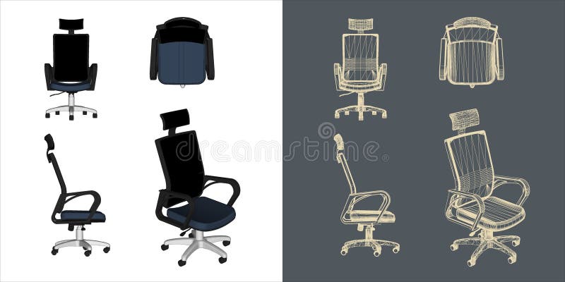 Set of Ergonomic Chair Wireframe Vector Concept Blueprint Stock ...