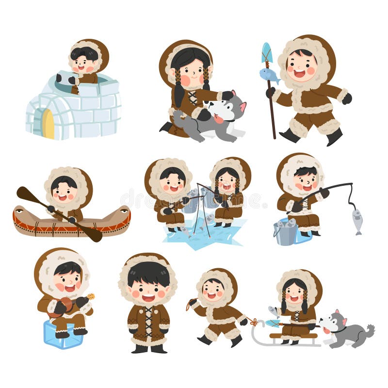 Set of Eskimo Characters Lifestyle Stock Vector - Illustration of ...