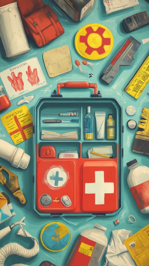 A Set of Essential Medical Tools, Including Gloves and Bandages ...