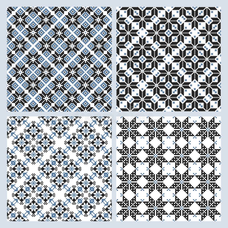 Set of Ethnic Seamless Patterns. Geometric Abstract Two-color Patterns ...