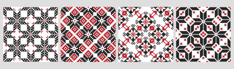 Set of Ethnic Seamless Patterns. Geometric Abstract Two-color Patterns ...