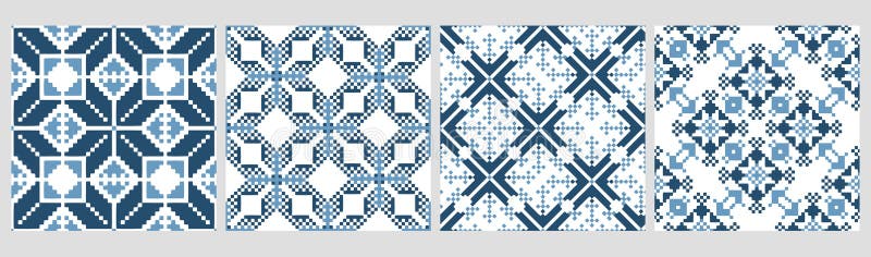 Set of Ethnic Seamless Patterns. Geometric Abstract Two-color Patterns ...