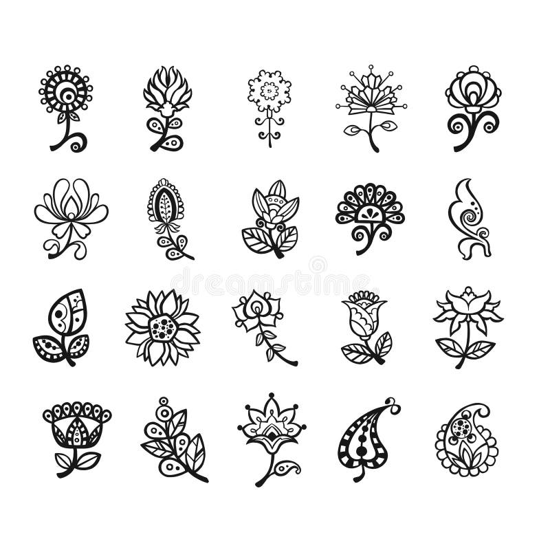 Set of Ethnically Stylized Linear Outlines of Flowers, Vector without ...