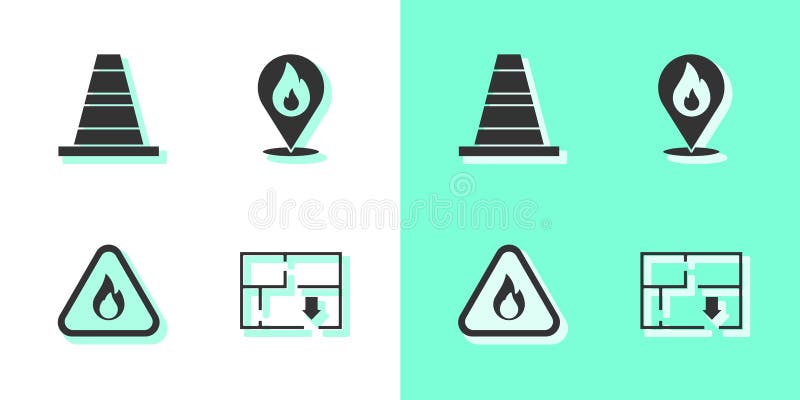 Set Evacuation Plan, Traffic Cone, Fire Flame in Triangle and Location ...