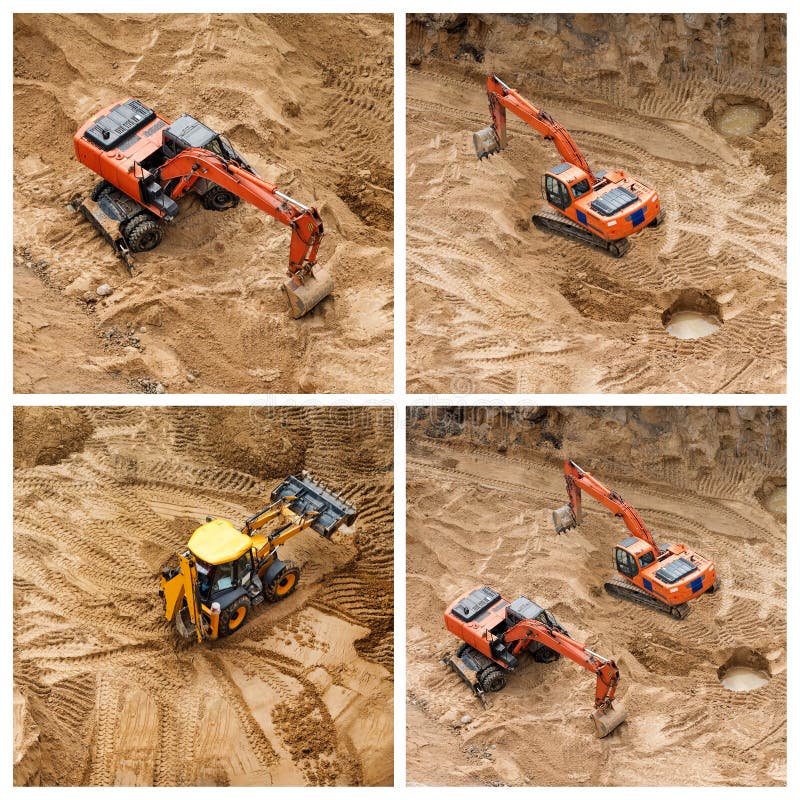 Set of Excavators at Sandpit during Earthmoving Works. Construction of ...
