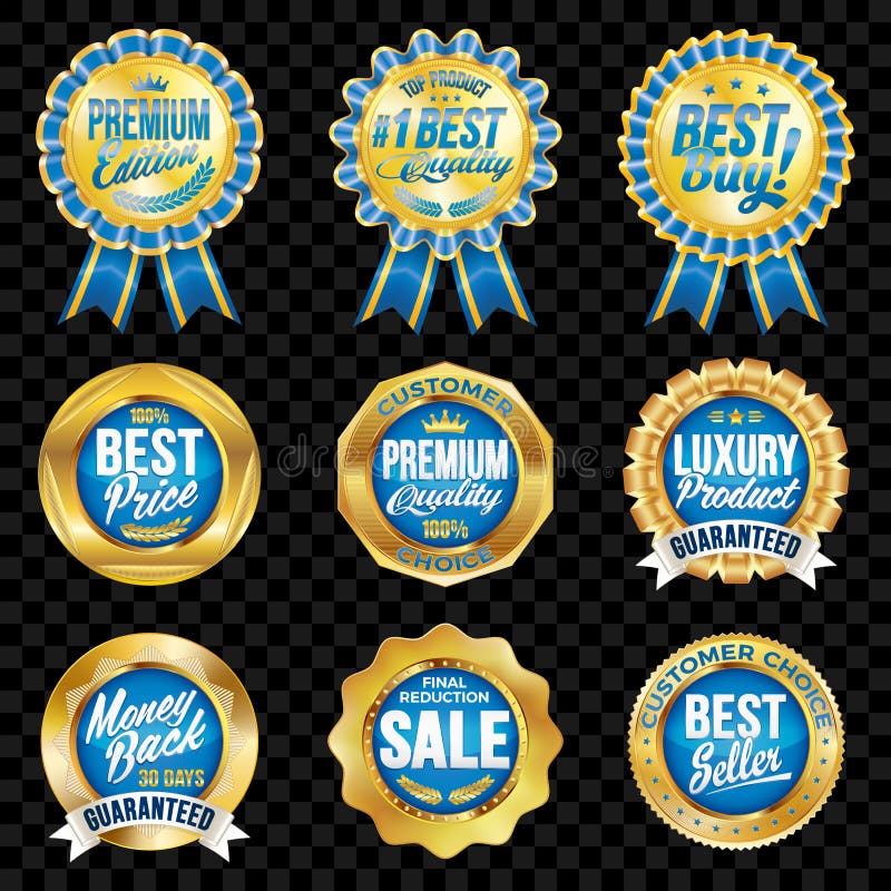 Set of Excellent Quality Blue Badges with Gold Border. Stock Vector ...