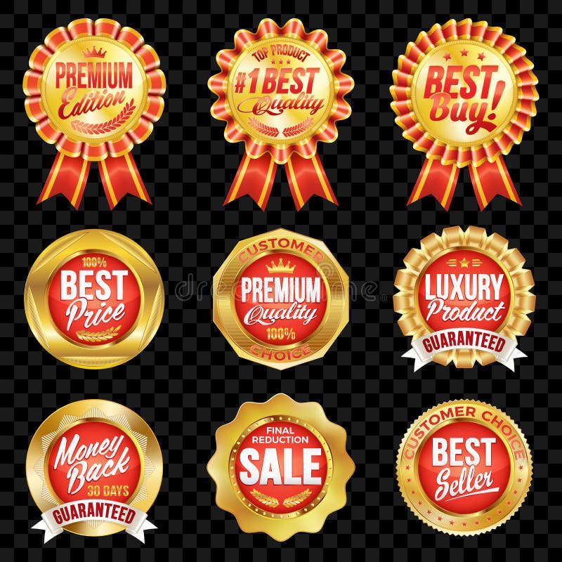 Set of Excellent Quality Red Badges with Gold Border. Stock Vector ...