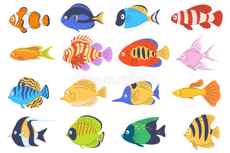 Set of Exotic Fish. Sea Colored Animals. Beautiful Aquarium Fish ...
