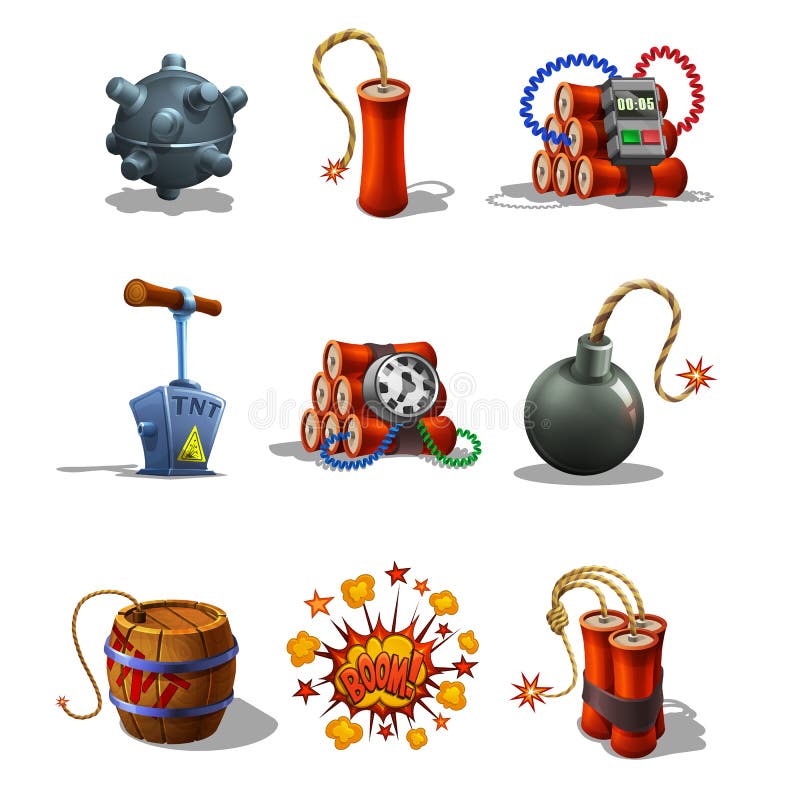 Set of Explosive Icons and Detonating Fuse on White Background. Stock ...