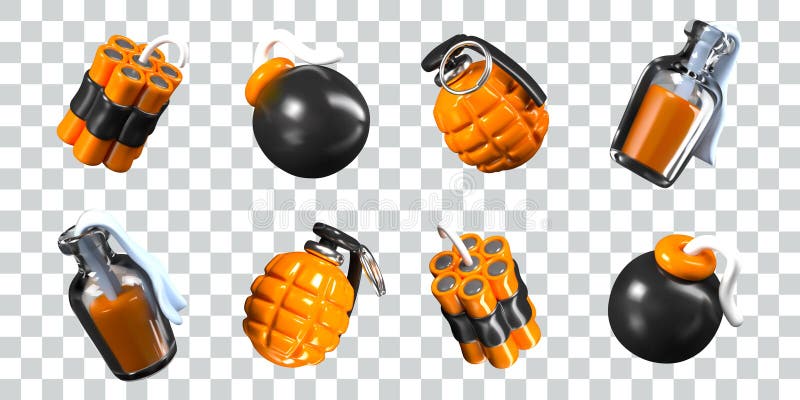 3D Cannon Ball, Grenade, Bottle with Incendiary Mixture, Dynamite ...