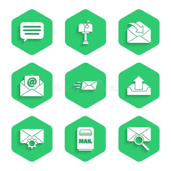 Set Express Envelope, Mail Box, Envelope with Magnifying Glass, Upload ...