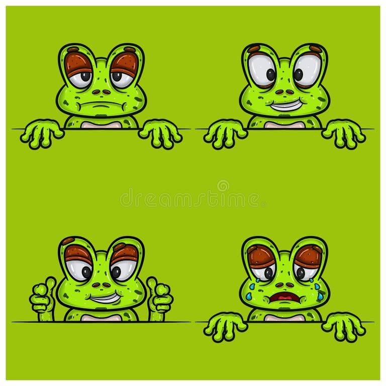 Set of Expression Frog Face Cartoon. Bored, Crying, Smug and Happy Face ...