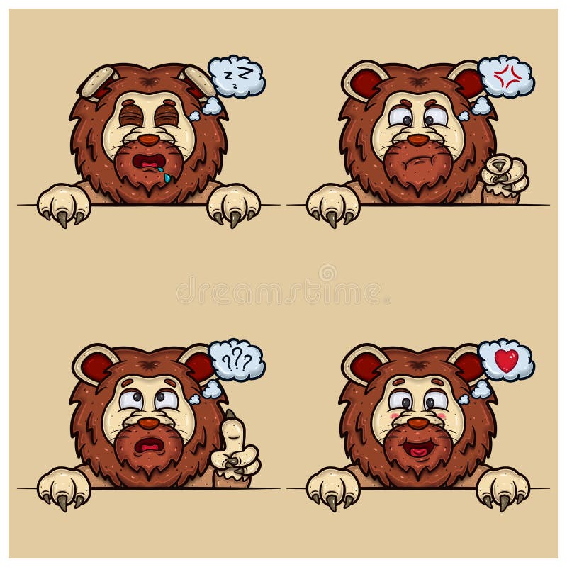 Set of Expression Lion Face Cartoon. Sleep, Angry, Confused and Loving ...