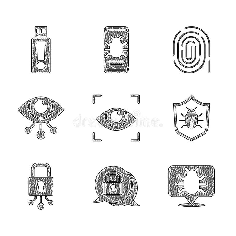 Set Eye Scan, Cyber Security, System Bug, Fingerprint and USB Flash Drive Icon. Vector Stock ...