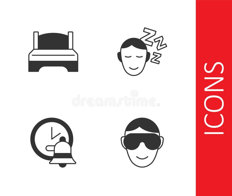 Set Eye Sleep Mask, Big Bed, Alarm Clock and Dreams Icon. Vector Stock ...