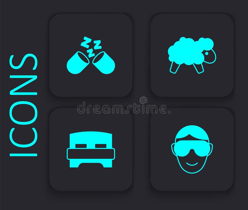 Set Eye Sleep Mask, Sleeping Pill, Sheep and Big Bed Icon. Black Square ...