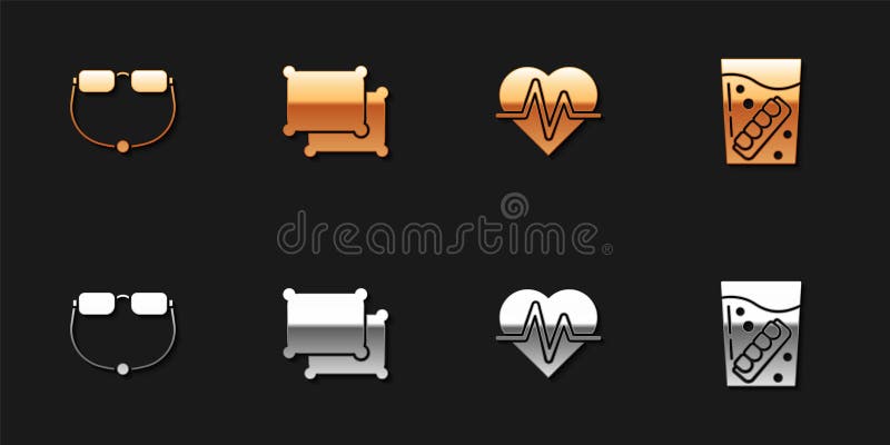 Set Eyeglasses, Pillow, Heart Rate and False Jaw in Icon. Vector Stock ...