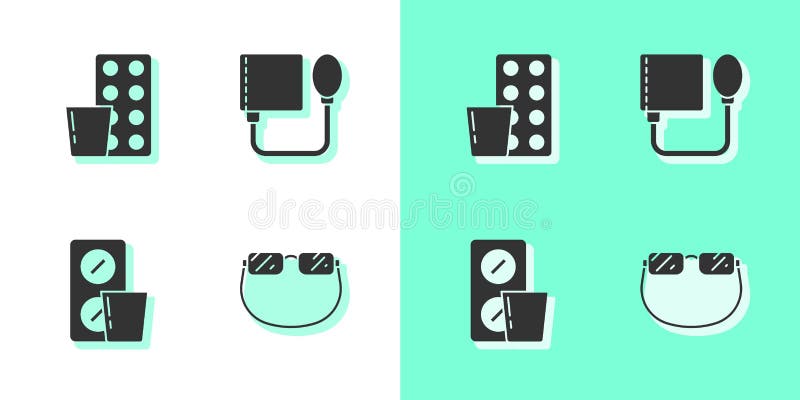 Set Eyeglasses, Pills in Blister Pack, and Blood Pressure Icon. Vector ...