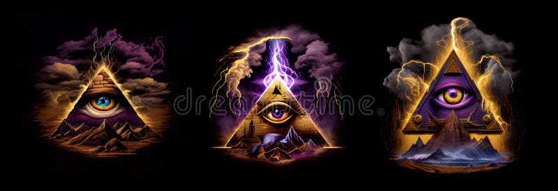 Set of Eyes of Providence with Pyramid and Lightning. AI Generative ...